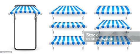상점 차양과 금속 마운트가 있는 스마트폰 온라인 인터넷 쇼핑 현실적인 파란색 줄무늬 카페 차양 야외 시장 텐트 지붕 캐노피 여름 거리 상점 벡터 그림 가리기에 대한 스톡