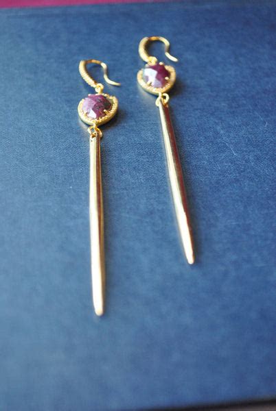 Ruby In Zoiste And Rhinestones Gold Spike Long Statement Earrings Le Obsession Boutique