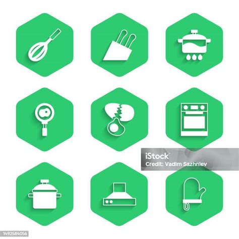 깨진 달걀 주방 추출기 팬 오븐 장갑 요리 냄비 프라이팬에 계란 후라이 거품기 아이콘을 설정합니다 벡터 가정 생활에 대한 스톡 벡터 아트 및 기타 이미지 Istock