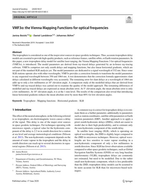 Pdf Vmf3o The Vienna Mapping Functions For Optical Frequencies