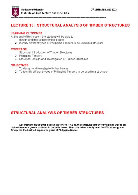 Feu 2nd Semester Lecture 15 Structural Analysis Of Timber Structures