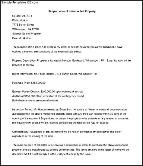 Letter Of Intent To Sell Template