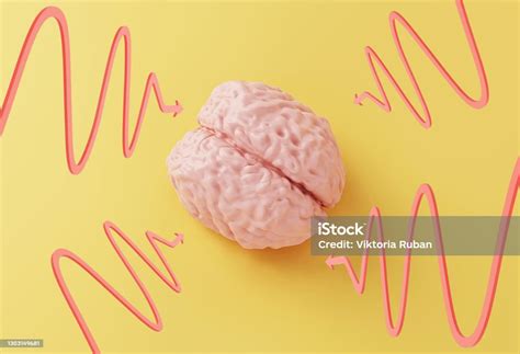 인간의 분홍색 뇌 모델과 노란색 배경에 그것을 가리키는 화살표 감정적 인 압력의 개념 스트레스 3d 그림 0명에 대한 스톡 사진 및 기타 이미지 Istock