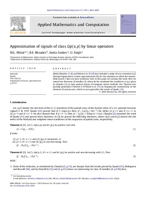 Pdf Approximation Of Signals Of Class Lipαp By Linear Operators
