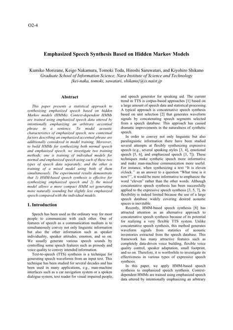Pdf Emphasized Speech Synthesis Based On Hidden Markov Models