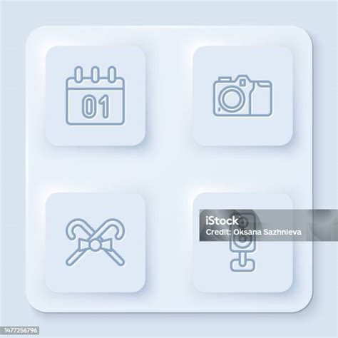 라인 달력 사진 카메라 크리스마스 사탕 지팡이 및 스테레오 스피커를 설정합니다 흰색 사각형 버튼 벡터 공휴일에 대한 스톡 벡터 아트 및 기타 이미지 Istock