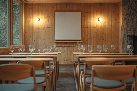A Simple Classroom Setting With Wooden Furniture Arranged Glassware