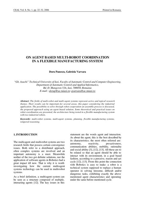 Pdf On Agent Based Multi Robot Coordination In A Flexible
