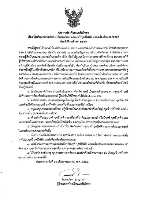 ประกาศนโยบายโรงเรียนปลอดบุหรี่ บุหรี่ไฟฟ้า และเครื่องดื่มแอลกอฮอล์ โรงเรียนเนกขัมวิทยา