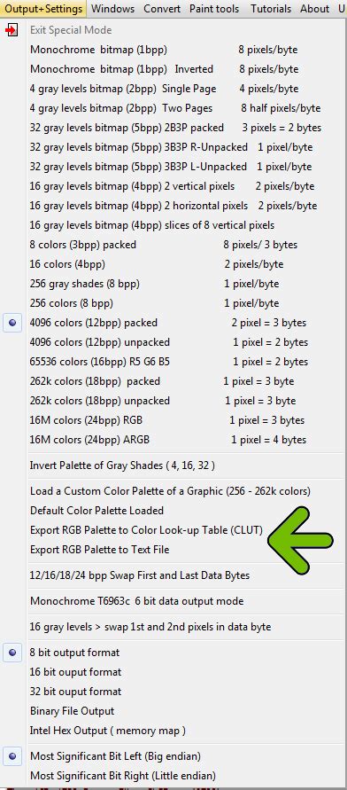 Export Rgb Color Palettes To Text File Or To A Look Up Table Lut Bitmap Lcd Software Tool