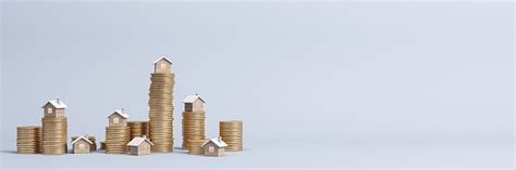 광고를 위한 모형 장소와 함께 넓은 밝은 배경에 작은 집과 함께 쌓인 황금 동전 모기지 및 자금 대출 개념 3d 렌더링 0명에 대한 스톡 사진 및 기타 이미지 Istock