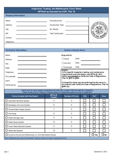 California Fire Sprinkler System Inspection Form Blank Fillable