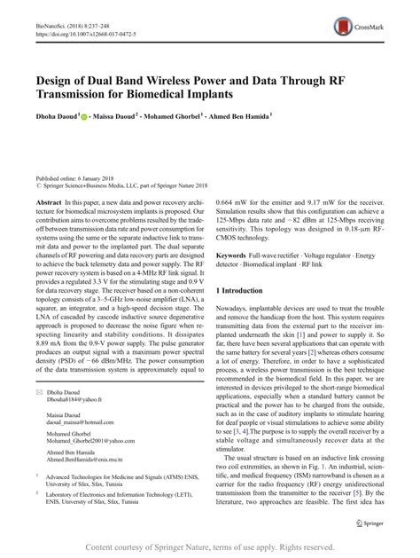 Design Of Dual Band Wireless Power And Data Through RF Transmission For Biomedical Implants