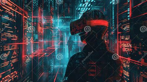 a hacker wearing a vr headset navigates a virtual environment filled with glowing digital locks