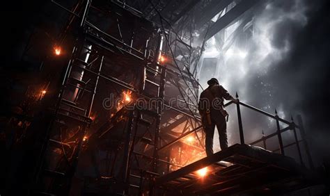 An Assembly Worker Stands On The Scaffolding Platform Of An Oil Station Stock Illustration