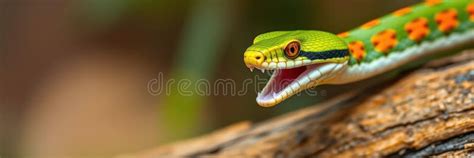 Colorful Green Tree Python With Vibrant Patterns Perched On A Branch In A Natural Habitat Stock