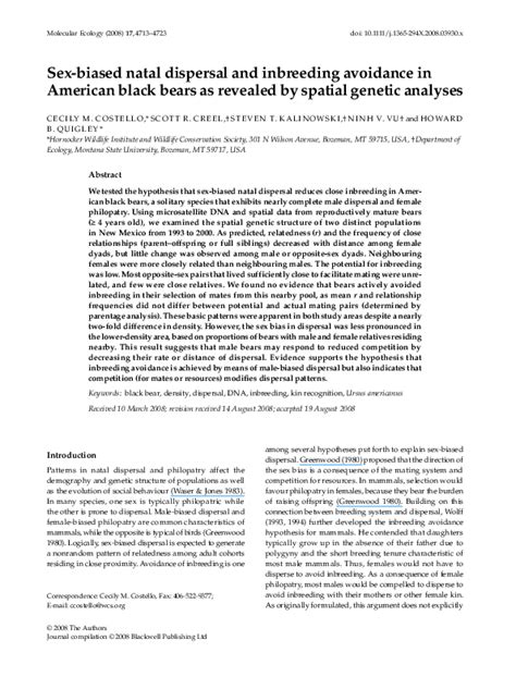 Pdf Sex Biased Natal Dispersal And Inbreeding Avoidance In American Black Bears As Revealed By
