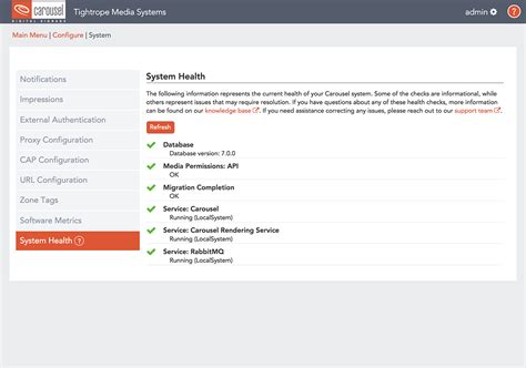 Carousel Digital Signage System Settings System Health Checks
