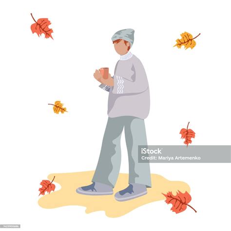 한 남자가 따뜻한 옷을 입고 손에 커피 한 잔을 들고 공원을 걷고 가을을 보내고 아늑한 가을 시간을 보냅니다 가을에 대한 스톡 벡터 아트 및 기타 이미지 Istock