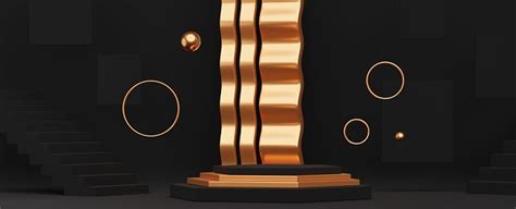 연단 제품 프리젠 테이션을위한 수평 배경3d 인테리어 빈 제품은 반지 파도 및 계단으로 검은 색과 황금색을 서 있습니다 0명에 대한 스톡 사진 및 기타 이미지 Istock