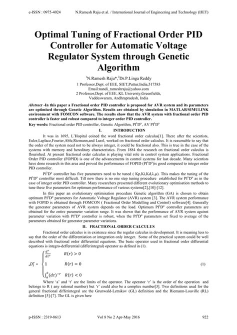 Pdf Optimal Tuning Of Fractional Order Pid Controller For Automatic