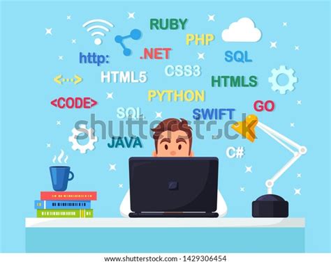 Programming Coding Programmer Sitting Desk Working Stock Vector