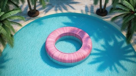 핑크 플로트 야자수 및 평면도가 있는 멋진 3d 렌더링 원형 계단 블루 풀 핑크 블루 배경 손바닥 배경 그림자 배경