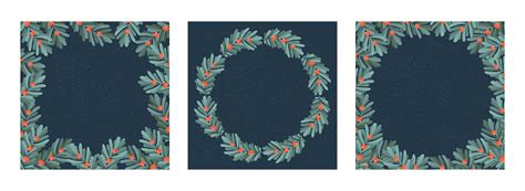 메리 크리스마스 벡터 카드 컬렉션은 손으로 그린 겨우살이 가지와 열매가 진한 파란색 배경에 고립되어 있습니다 화환 및 프레임