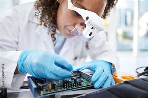 Computer Hardware Programming And Black Woman Electrician Working On