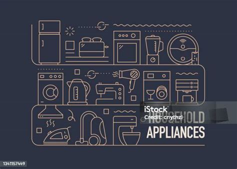 가전 제품 관련 벡터 배너 디자인 컨셉 아이콘이 있는 모던 라인 스타일 주방용 기기에 대한 스톡 벡터 아트 및 기타 이미지 주방용 기기 외형선 홈오토메이션 Istock