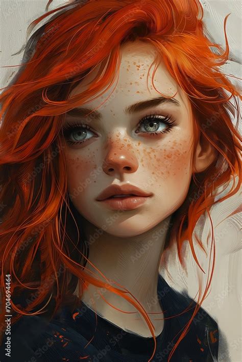 Redhead Haired Girl Freckles Face Brunet Depicted Big Red Hair Visual Young Woman Uniquely