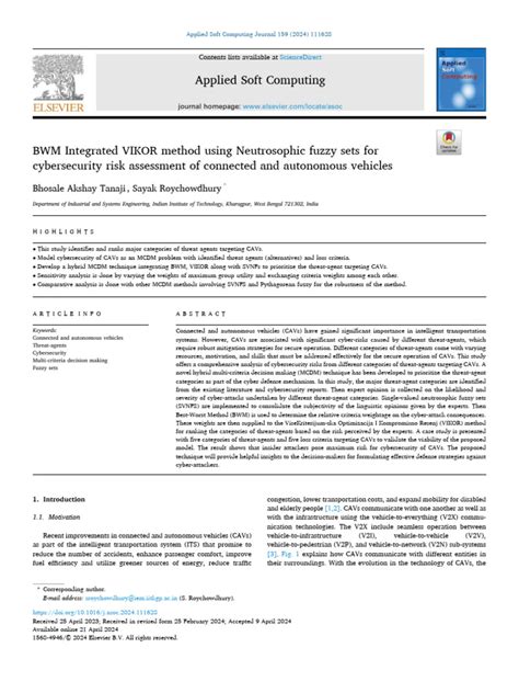 Bwm Integrated Vikor Method Using Neutrosophic Fuzzy Sets Fo 2024 Applied So Pdf
