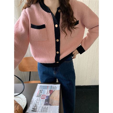 조이얼랏 소프트 트위드 배색 라인 크롭 숏 올드머니룩 가디건 자켓 니트 스웨터 봄 가을 겨울 데일리