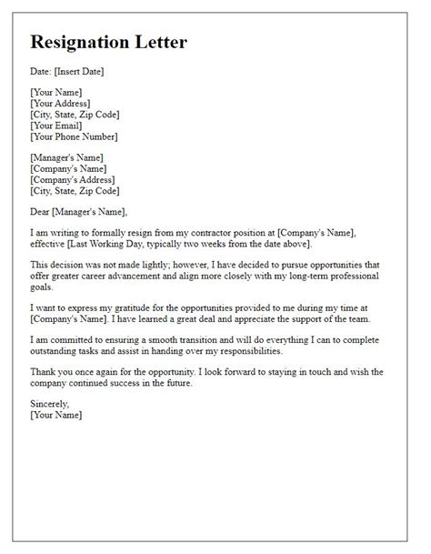 Letter Template For Resignation For Contractor Position Free Samples