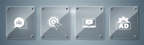 Set Advertising Laptop With Star Target And Customer Product Rating Square Glass Panels Stock