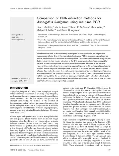 Pdf Comparison Of Dna Extraction Methods For Aspergillus Fumigatus Using Real Time Pcr