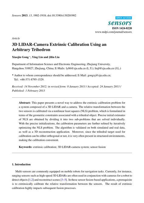 Pdf 3d Lidar Camera Extrinsic Calibration Using An Arbitrary Trihedron