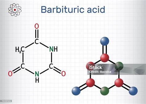 바르비 투르 산 말로 닐 우레아 또는 6 하이드 록시 우라실 분자 바르비 투르 산염 약물의 모 화합물입니다 구조 화학식 분자 모델 새장에 종이 한 장 0명에 대한 스톡 벡터