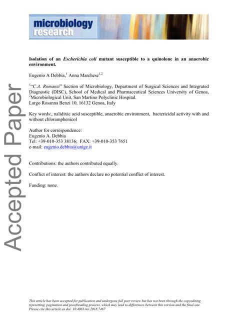 Pdf Isolation Of An Escherichia Coli Mutant Susceptible To A Quinolone In An Anaerobic Environment