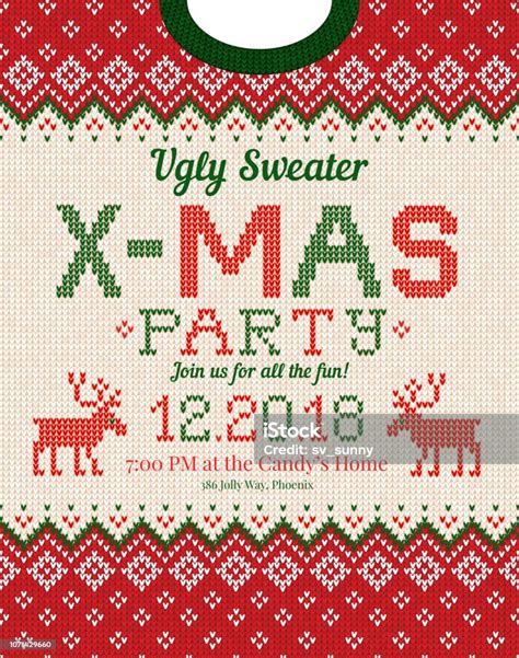 추한 스웨터 크리스마스 파티 초대 합니다 배경 패턴 스칸디나비아 장식품을 짠 편물에 대한 스톡 벡터 아트 및 기타 이미지