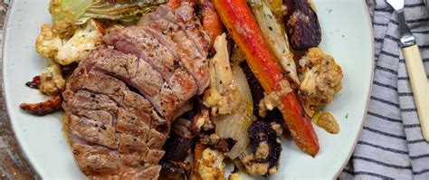 Pork Rib Eye Steak With Roast Root Vegetables And Salsa Bianca Turner