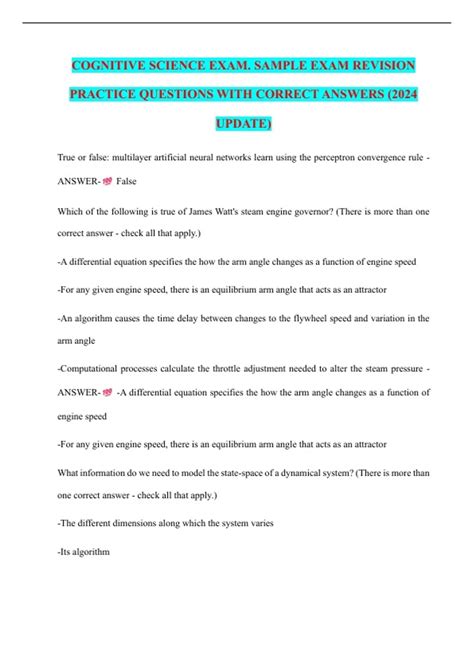 Cognitive Science Exam Sample Exam Revision Practice Questions With Correct Answers 2024