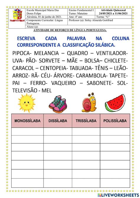 Classificação De Sílabas Online Worksheet Actividades Del Alfabeto En