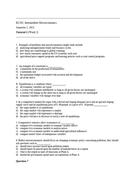 Ec202 Tutorial 1 Question Pdf Economic Equilibrium Microeconomics