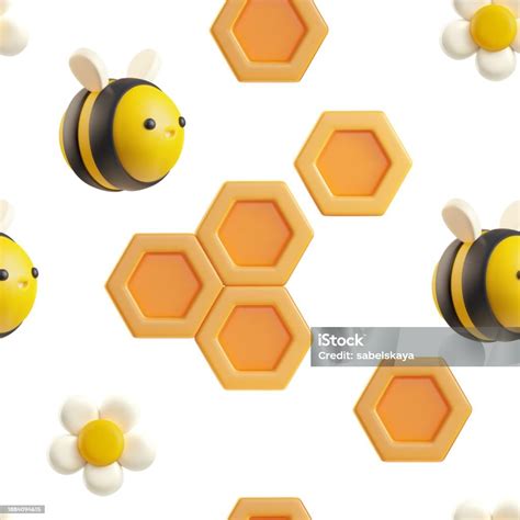 꽃 꿀벌 및 꿀 3d 벡터 완벽 한 패턴 현실적인 만화 육각형 세포 자연 달콤한 음식과 벌집 벌에 대한 스톡 벡터 아트 및 기타