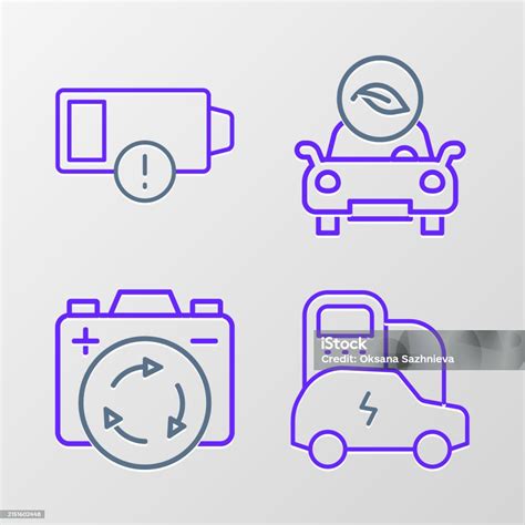 세트 라인 전기 자동차 재활용 기호가 있는 배터리 에코 및 배터리 부족 아이콘 벡터 Friendly Match에 대한 스톡 벡터