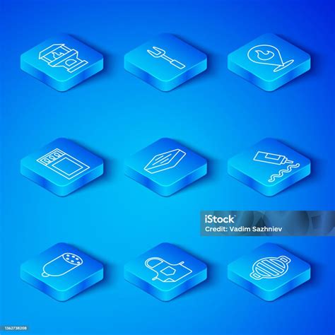 세트 라인 살라미 소시지 스테이크 고기 주방 앞치마 소스 병 불꽃 성냥갑과 일치 위치 벽돌 난로와 바베큐 그릴 아이콘 벡터 3차원 형태에 대한 스톡 벡터 아트 및 기타