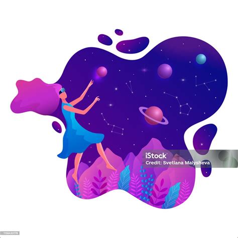 가상 현실 착용 Vr 고글 벡터 일러스트 레이 션을 경험 하는 여자 공간에 떠 다니는 여자입니다 3차원 형태에 대한 스톡 벡터