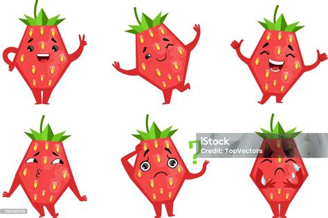 귀여운 딸기 만화 캐릭터 와 다양한 감정 세트 벡터 일러스트 개체 그룹에 대한 스톡 벡터 아트 및 기타 이미지 개체 그룹