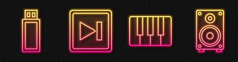 설정 라인 음악 신디사이저 Usb 플래시 드라이브 빨리 감기 및 스테레오 스피커 빛나는 네온 아이콘입니다 벡터 Usb 케이블에 대한 스톡 벡터 아트 및 기타 이미지 Istock